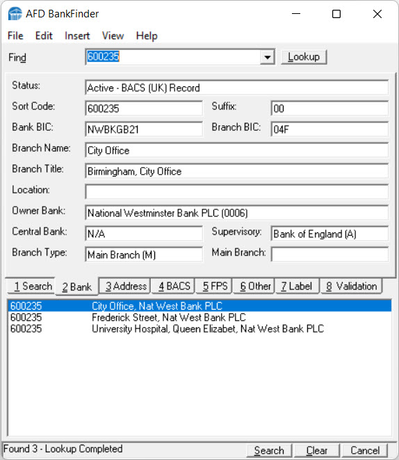 Windows Desktop BankFinder Manual | AFD Software